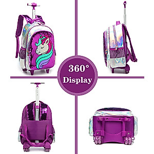 Girls Rolling Backpack Kids Backpacks with Wheels Backpack for Girls for School with Lunch Box Unicorn Reversible Sequin School Bags