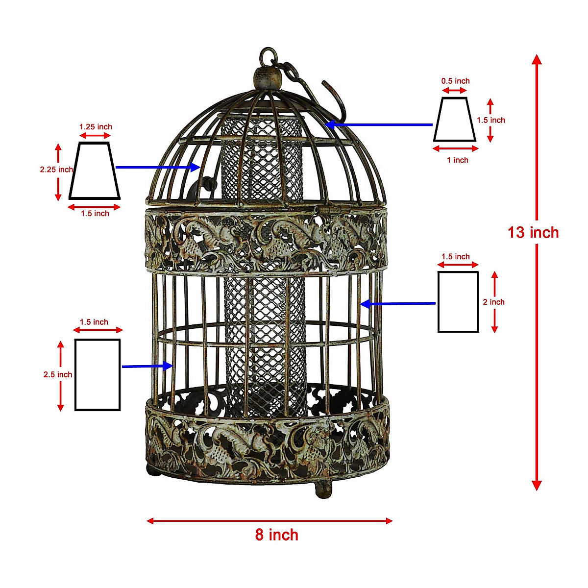 Westcharm 13 in. Caged Squirrel Proof Bird Feeder for Small Songbirds, Tall Rustic Metal Hanging Bird Feeder for Garden, Mesh Peanut Bird Feeder for Patio Yard - Verdigris 3.5 Cups Seed Capacity