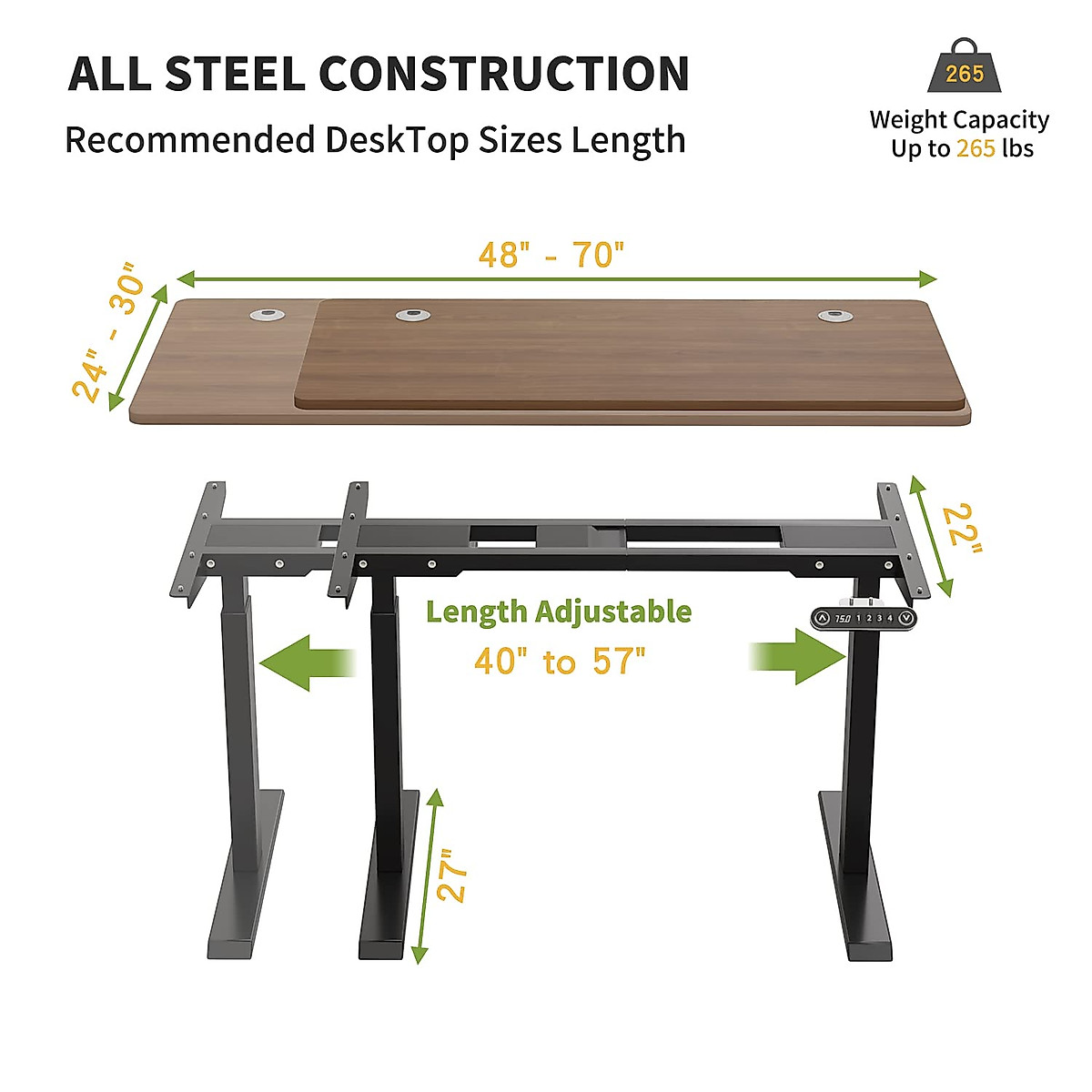 Radlove Dual Motor Height Adjustable Standing Desk Frame, Adjustable Desk Legs for 48'' to 70'' Desk Tops, Home Office Sit Stand Desk Base, Heavy Duty 265 lb Load Capacity for Home Office (Black)