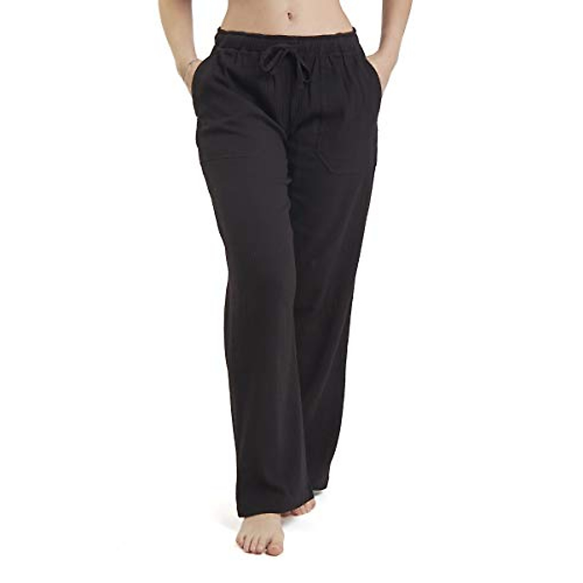 J CE Women's Cotton Gauze Low Waist Beach Pants with Pockets (Black, L)