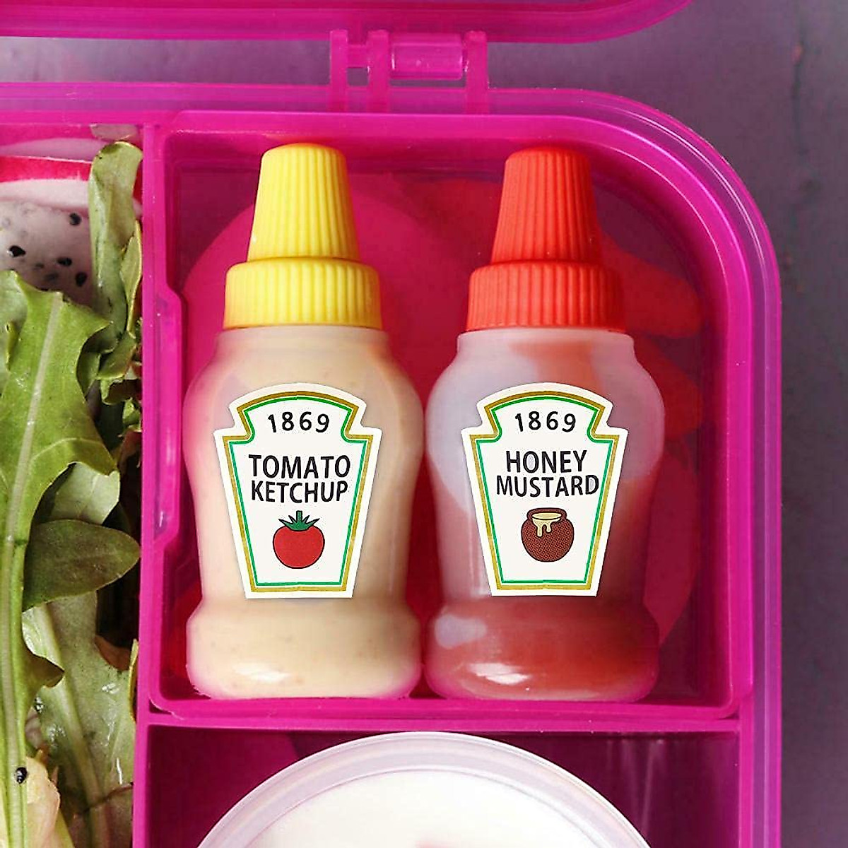 U&S 2pcs 25ml/0.84oz Mini Ketchup Bottle Condiment Squeeze Bottles Honey Mustard Squeezable Jar Portable Sauce Container for School Office Worker Bento Box BBQ, Yellow,red