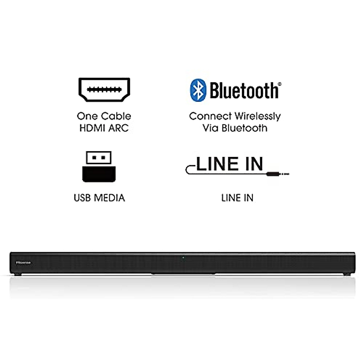 Hisense HS205 2.0ch Sound Bar, 60W, Roku TV ready, Enhance TV enjoyment, Bluetooth, HDMI ARC/Optical/AUX/USB, 3 EQ Modes, Black