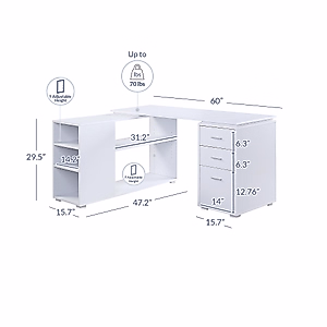 BELLEZE L Shaped Computer Desk, 60” Study Writing Table Home Office Desk Morden Corner Workstation Setup with Adjustable Storage Shelves and 3 Drawers, White