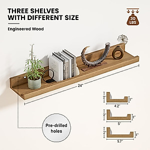 Heimlove Floating Shelves Set of 3, Picture Ledge Shelf, 24 inch Floating Shelves for Wall, Floating Shelves with Lip for Living Room,Bedroom,Bookshelf,Nursery-Natural Oak