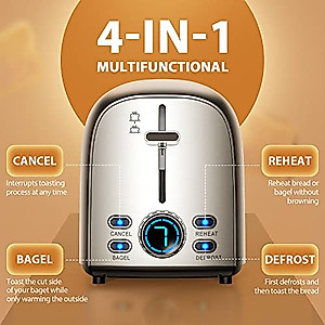 Toaster 2 Slice, Extra Wide Slot Bread Toaster with 7 Shade Settings & Removable Crumb Tray, Stainless Steel 2 Slice Toaster with Bagel Defrost Reheat Cancel Function and LED Display 850W 120V