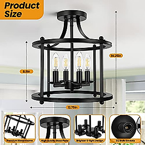 Farmhouse Semi Flush Mount Ceiling Light Fixture, 4-Light Industrial Ceiling Light Matte Black w/ E12 Base Metal Rustic Vintage Chandelier Lighting for Kitchen Dining Room Hallway Entryway Bedroom