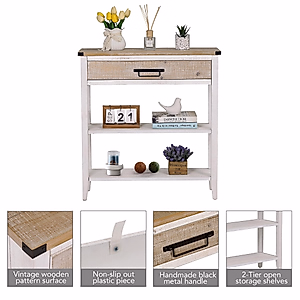 RUSTOWN Farmhouse Console Table with Drawer, 3-Tier Rustic Entryway Table with Open Storage Shelves and Handmade Metal Handle, Narrow Foyer Sofa Table for Living Room, Entryway, Hallway (Washed White)
