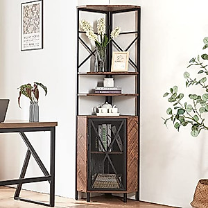 HOMISSUE 5-Tier Corner Shelf with Cabinet, Multipurpose Corner Shelf with Wine Rack and Bar Cabinet, Free Standing Corner Storage Cabinet for Living Room, Home Bar, Home Office, Balcony, Brown
