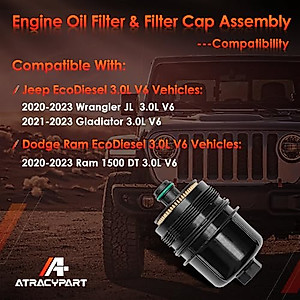 Engine Oil Filter, Compatible With 2020-2023 Jeep Wrangler JL, 2021-2023 Jeep Gladiator, 2020-2023 Ram 1500 DT 3.0L V6 EcoDiesel, Replaces# 68507598AA, 68498720AA