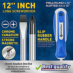 Amartisan 2-Piece 12'' long Screwdriver Set, Long Blade Screwdriver Set 12-Inch Magnetic Screwdriver, Phillips & Slotted Bits .（NEW）