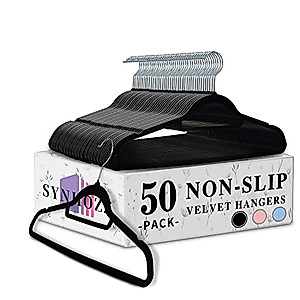 Synhozz Premium Black Velvet Hangers 50 Pack Non-Slip Clothes Hangers Ultra Slim & Space Saving - Heavy Duty Velvet Suit Hangers with Tie Bar