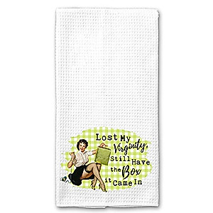 Lost my Virginity, but I still have the Box it Came in, Funny Vintage 1950's Housewife Pin-up Girl Waffle Weave Microfiber Towel Kitchen Linen Gift for Her BFF