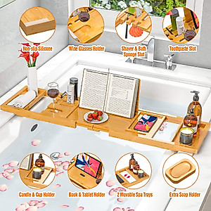 Kalrin Bathtub Tray for Tub, Upgraded Bamboo Bathtub Caddy Tray Expandable & Foldable with Free Soap Dish and Book Stand, Bathtub Table Tray for Luxury Bath Home Spa and Gift Choice - Fits Most Tubs