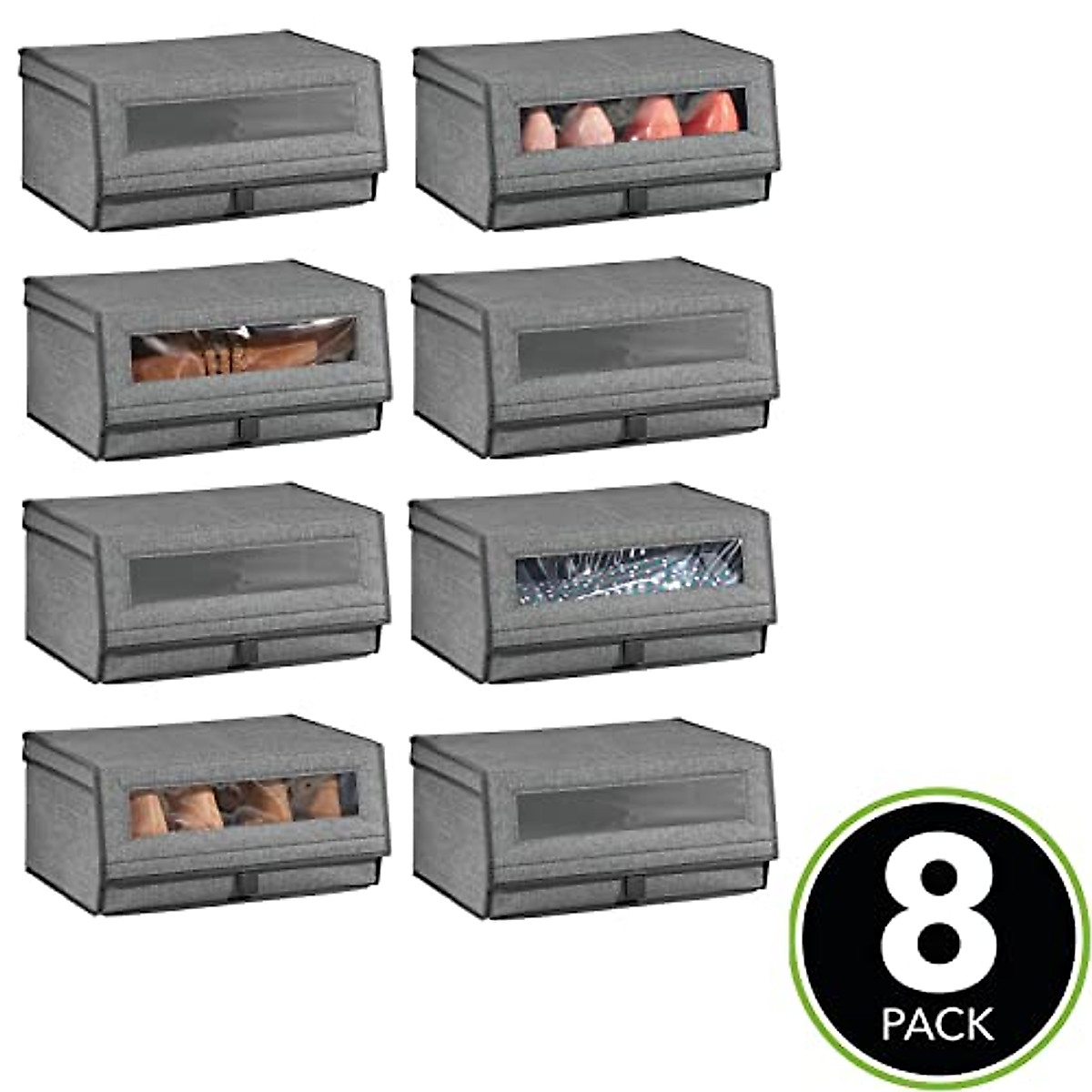 mDesign Large Fabric Closet Shoe Storage Box w/Clear Window - Shoe, Sandal, Sweater, Linen, Clothes Organizer - Boot Storage Solutions - Shoe Bin - Lido Collection, 8 Pack, Charcoal Gray