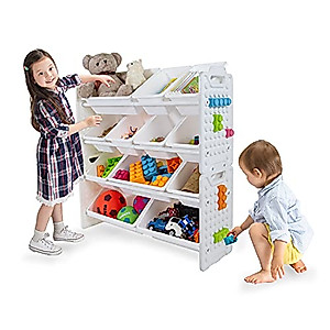 UNiPLAY Toy Organizer with 12 Removable Storage Bins, Multi-Bin Organizer for Books, Building Blocks, School Materials, Toys with Baseplate Board Frame (White)