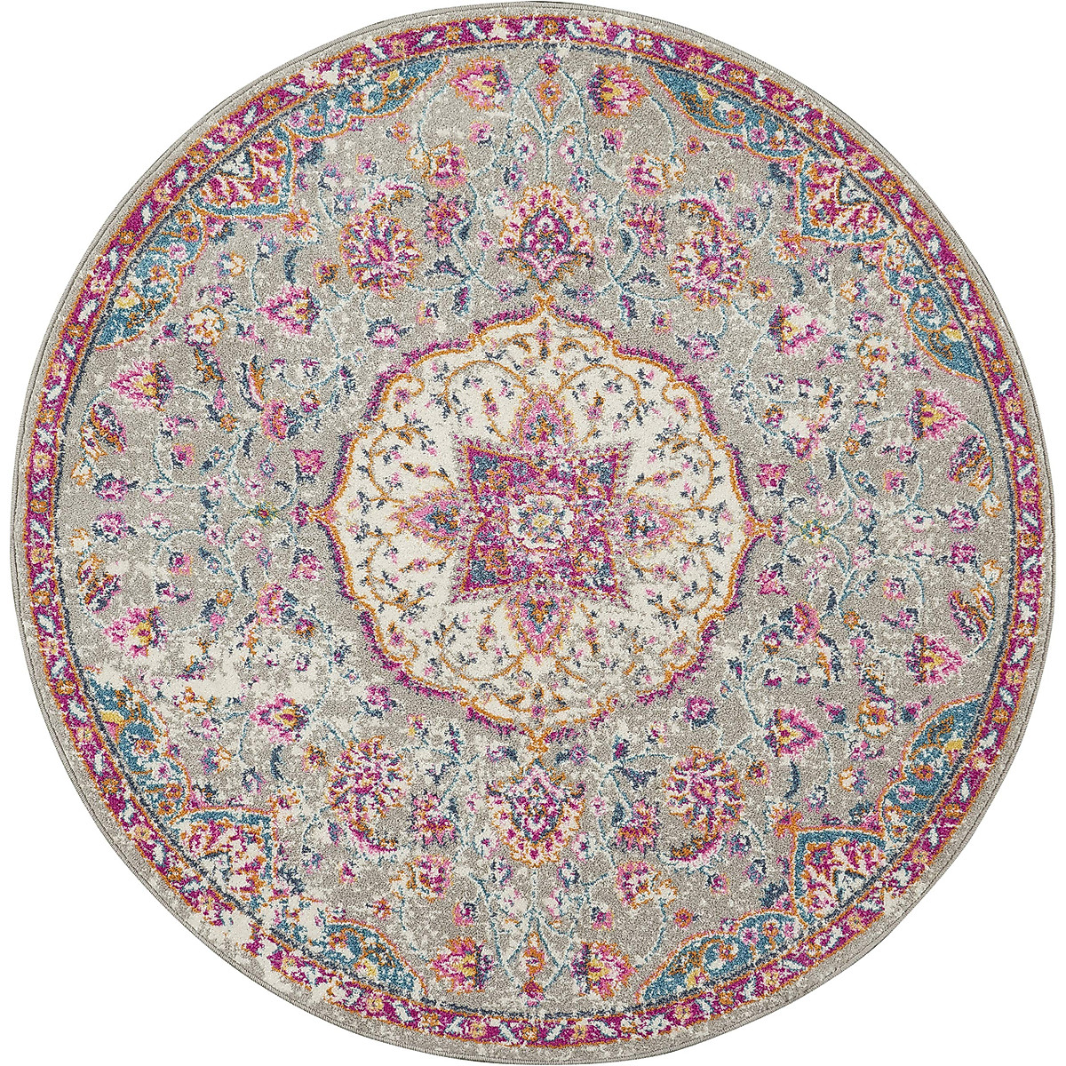 Nourison Passion Grey/Multi 4' x Round Area -Rug, Farmhouse, Transitional, Bed Room, Living Room, Dining Room, Kitchen, Easy -Cleaning, Non Shedding, (4' Round)