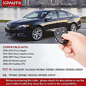 NPAUTO Key Fob Replacement for Chevy Impala 2006 2007 2008 2009 2010 2011 2012 2013, Cadillac DTS Buick Lucerne 2006-2011, Chevy Monte Carlo 06-07 Keyless Entry Remote Start Control OUC60270, OUC60221
