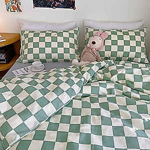 Wellboo Green White Plaid Comforter Sets Full Women Men Sage Green Checkerboard Grid Bedding Comforters Cotton Boys Girls Modern Grass Green and White Checkered Geometric Quilts Luxury Abstract Bed