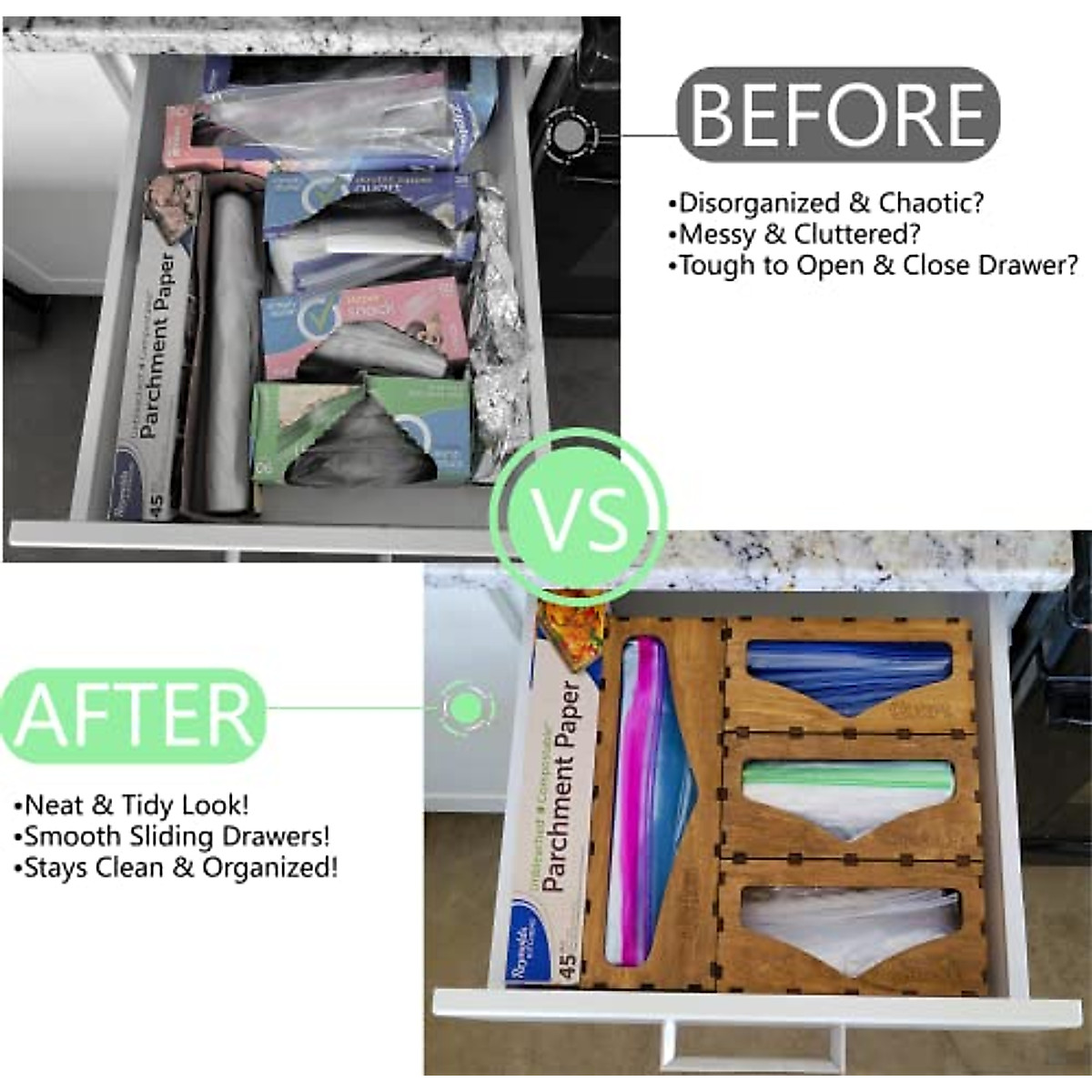 Bozactory Factory Plastic Bag Organizer and Dispenser for Kitchen Drawer, Adhesive sandwich bag organizer Compatible With Ziploc, Solimo, Hefty, Glad, Great Value, and More. (Dark Walnut)