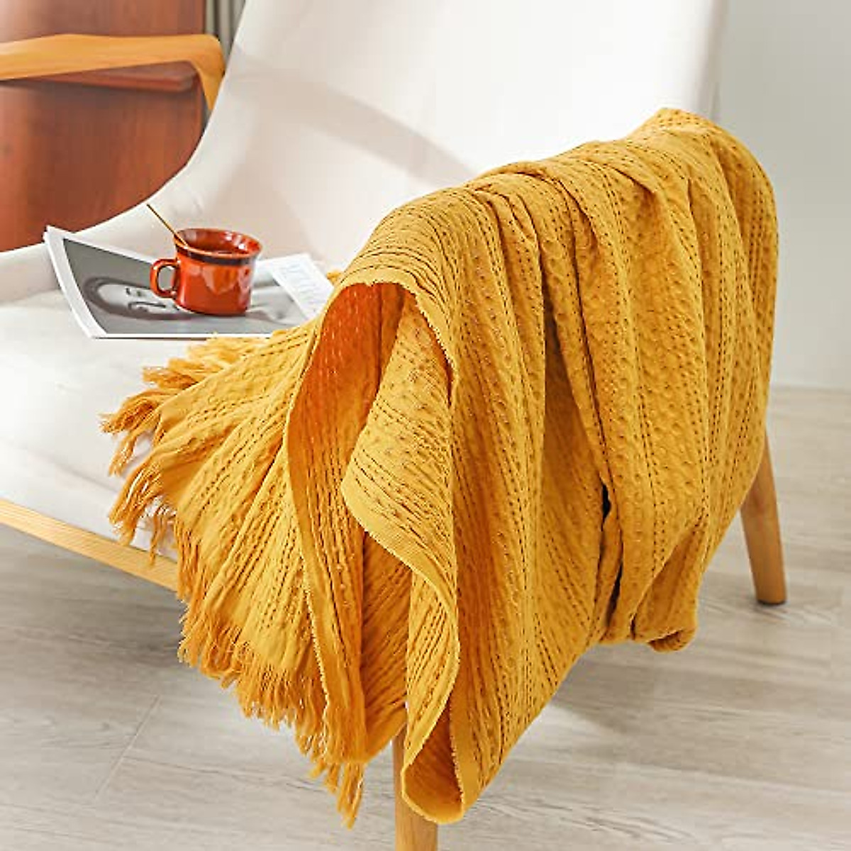 Simple&Opulence 100% Cotton Throw Blanket for Couch, Bed, Waffle Weave Knit Blanket with Tassels, Soft Lightweight Pre-Washed Breathable Cozy Blanket Farmhouse Decoration for All-Season (Gold Yellow)
