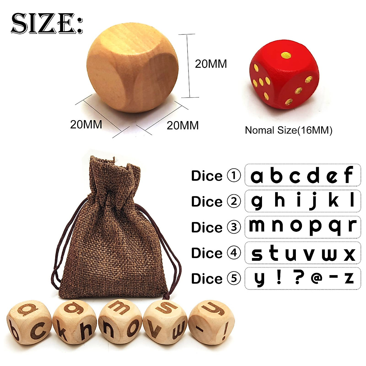 Hometu 5Pcs/Set 20MM Wooden Letter Dice Set, 6-Sided English Letter Pattern Engraved Wood Rolling Dices with Linen Bag, Yellow
