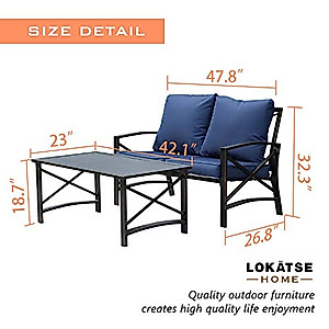 LOKATSE HOME 2 Pieces Patio Loveseat Metal Frame with Coffee Table Outdoor Bistro Furniture Set for Lawn Porch Garden Yard Poolside, Blue