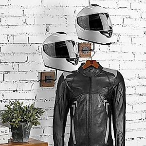 MyGift Set of 2 Wall Mounted Helmet Rack, Black Metal and Rustic Burnt Wood Base Motorcycle, Bicycle, Skateboard Helmet Display Holder and Jacket/Coat Hanger