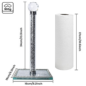 Crystal Paper Towel Holder Stand, Bling Glass Handmade Kitchen Countertop Paper Towel Roll Dispenser Holders, Diamond Effect Standing Bathroom Decor Paper Towel Holder with Cube Base