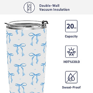 Blueangle 20oz Tumbler with Lid and Straw, Stainless Steel Vacuum Insulated Water Coffee Tumbler Cup, Blue Ribbon Bow Travel Mug Thermal Cup for Hot and Cold Drinks（974）