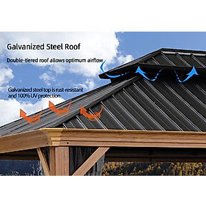 PURPLE LEAF 12' X 20' Outdoor Hardtop Gazebo for Patio Galvanized Steel Double Roof Permanent Canopy Teak Finish Coated Aluminum Frame Pavilion Gazebo with Netting and Navy Blue Curtains