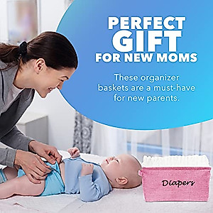 Dejaroo - Baskets for Organizing Diapers and Newborn Essentials, Baby Diaper Caddy Organizer, Embroidered Baby Shower Gifts for Moms, Linen Basket with Handle, 12 x 6 x 6 Inches, Pink