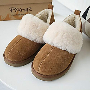 PAMIR Women's Genuine Suede Shearling Ankle Moccasin Booties Slippers Boots Memory Foam Indoor Outdoor Chestnut 9 M US