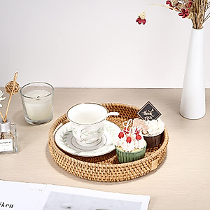 Hipiwe 10" Round Rattan Serving Tray with Handles, Hand-Woven Decorative Organizer Tray for Storage Breakfast Drinks Snack, Centerpiece Fruit Basket for Home Decoration, Small