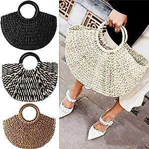 JUNYY Summer Beach Round Bucket Tote Bag For Women Woven Straw Bag Handmade Bohemian Rattan Handbag(Black)