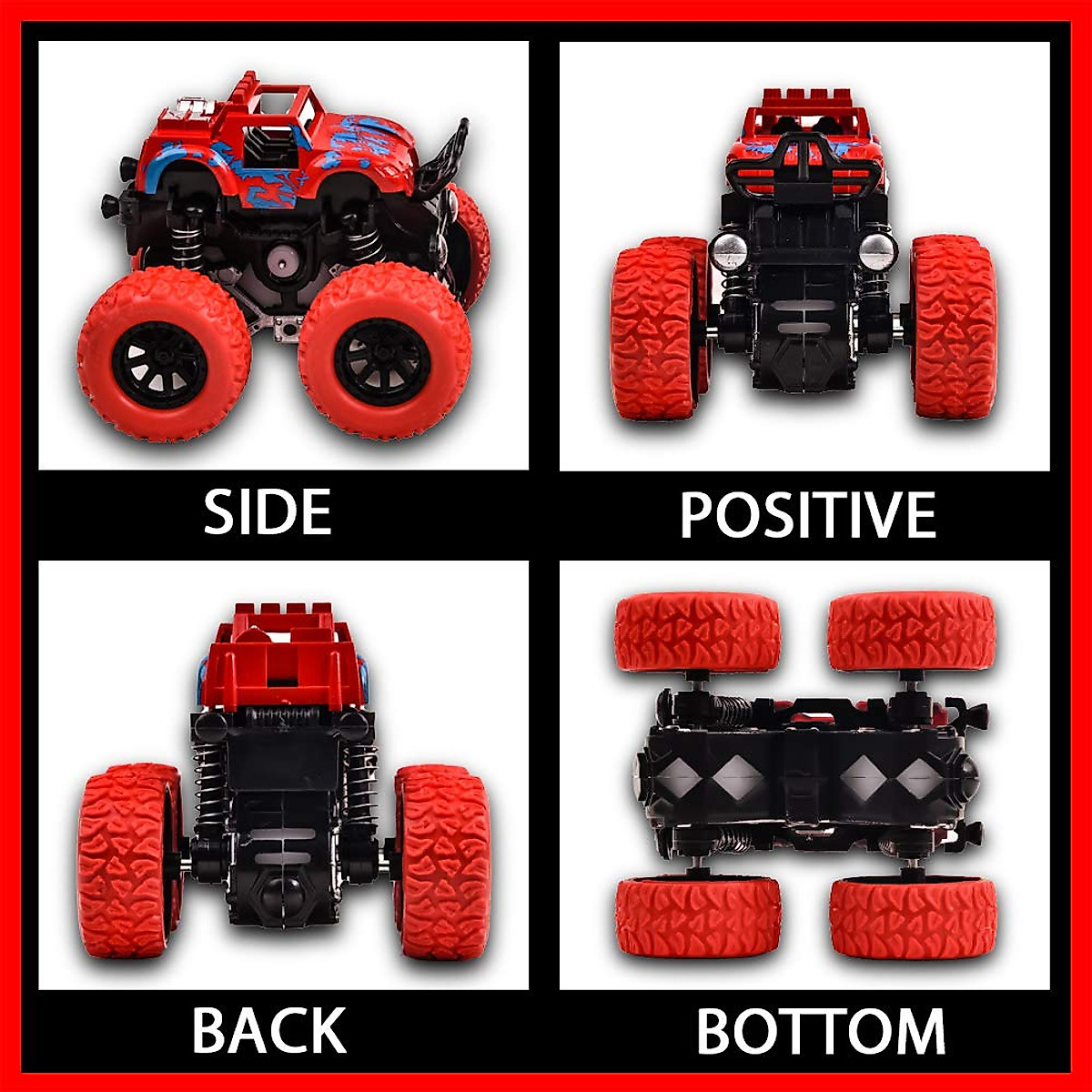Monster Trucks for Boys, 4 Pack Pull Back Vehicles Cars for Toddlers, 360° Rotation 4 Wheels Drive Durable Friction Cars Powered Push and Go Toys Truck Playset Gift for 3 4 5 6 7 8 Year Old Kids Girls