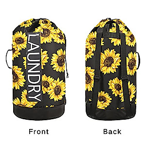 Black Sunflowers Laundry Bag Backpack Bags Mesh Wash Laundry Bags Dirty Clothes Organizer for College,Travel,Camp,Dorm Essentials