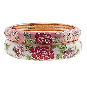 UJOY Fashion Cloisonne Bracelets Set Gold Plated Enameled Jewelry Spring Hinged Metal Cuff Bangles Gift Box Packed 55A106-55A113 white rose