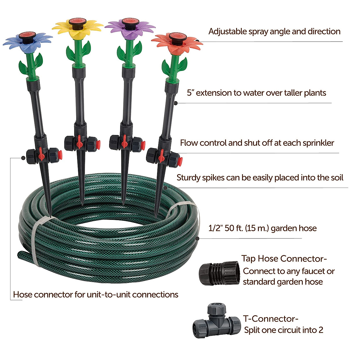 Eden 97065 Daisy Above-Ground 50 Ft Garden Hose and Sprinkler System, DIY Plant Watering Set