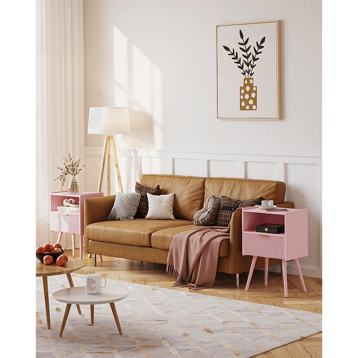 JOONEE Nightstand,Modern Bedside Table with Storage Drawer and Open Wood Shelf, for Living Room, Bedroom and Small Spaces, Accent Night Stand with Solid Wood Legs, Easy Assembly,Classic Pink