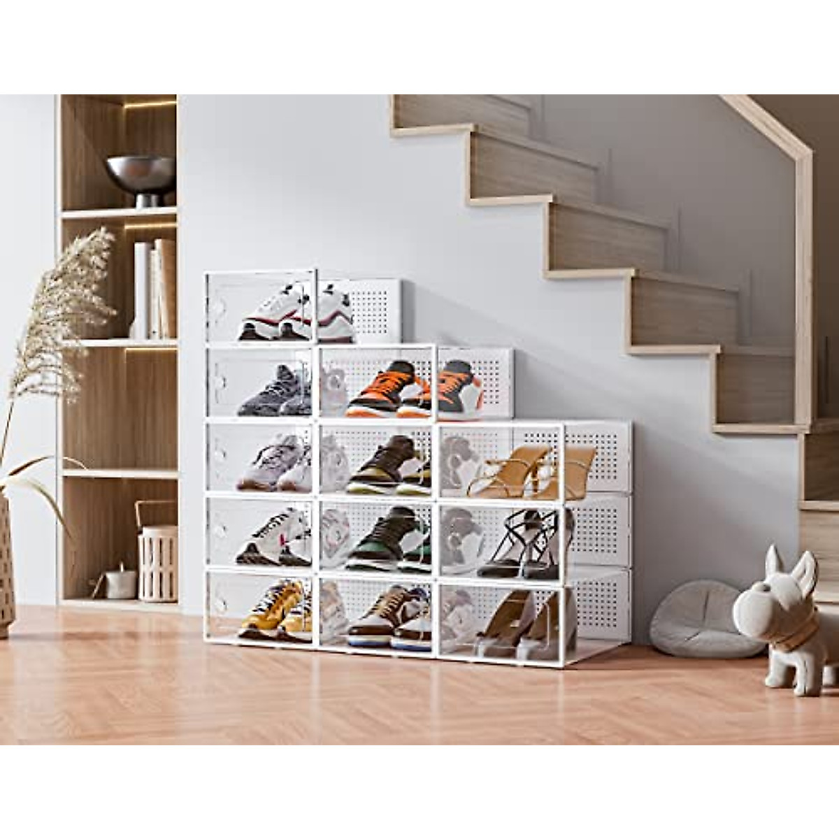 HOMIDEC 12 Pack Shoe Storage Box, Clear Plastic Stackable Sneaker Box, Shoe Organizer for Closet Under Bed Entryway(White)