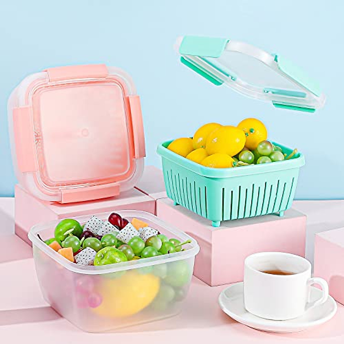 2Pcs 1.5L/50oz Berry Basket Berry Bowl Fruit Strainer Container with Lid Berry Container Box Keep Fruit and Vegetables Fresh for Fridge Storage Picnic Carry Produce Saver Food Blueberries(Green, Pink)