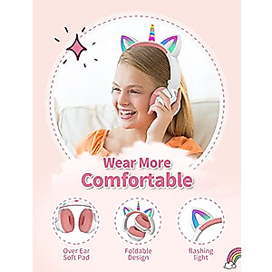 YUSONIC Unicorn Kids Headphones,Unicorn Bluetooth Headphones Foldable for Girls Boys Toddlers Phones/ipad/Amazon fire,Light Up Kids Wireless Headphone Birthday Gifts (White+Pink)