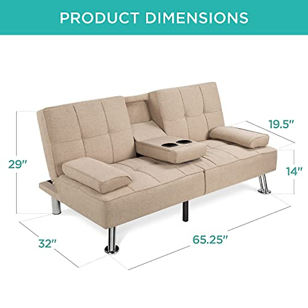 Best Choice Products Linen Upholstered Modern Convertible Folding Futon Sofa Bed for Compact Living Space, Apartment, Dorm, Bonus Room w/Removable Armrests, Metal Legs, 2 Cupholders - Beige