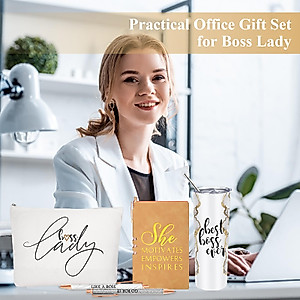 Domensi Best Boss Gift Set Thank You Gift for Women Lady Appreciation Day Gift 20oz Rustic Marble Sign Tumbler Makeup Bag A6 Notepad with Ballpoints Boss Day Gift Office Leader Christmas Gift(White)