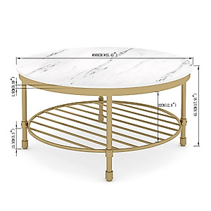 Gezen Round Coffee Table for Living Room, 2-Tier Modern Coffee Table with Open Storage Shelf, Industrial Rustic Steel Accent Table, Wooden Tabletop, Metal Frame - Marble White with Gold Frame