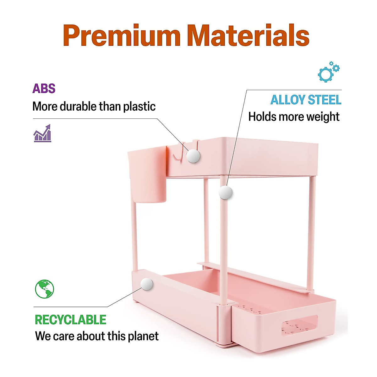 Under Sink Organizers and Storage, 2 Tier Cabinet Organizer with Sliding Pull Out Drawer, Multi-purpose Under Sink Organizer Shelf With Hooks for Bathroom Kitchen, Pink