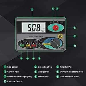 Ground Resistance Meters, Digital Earth Ground Resistance Tester 0-2000 Ohm, Multimeter Resistance Measurer Multifunction Ground Megohmmeter Measurer Resolution 0.01Ω