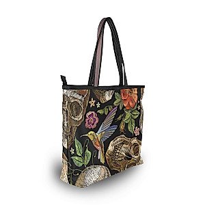 Women Tote Top Handle Shoulder Bags Gothic Skull Red Roses Flamingo Large Zip Ladies Handbag