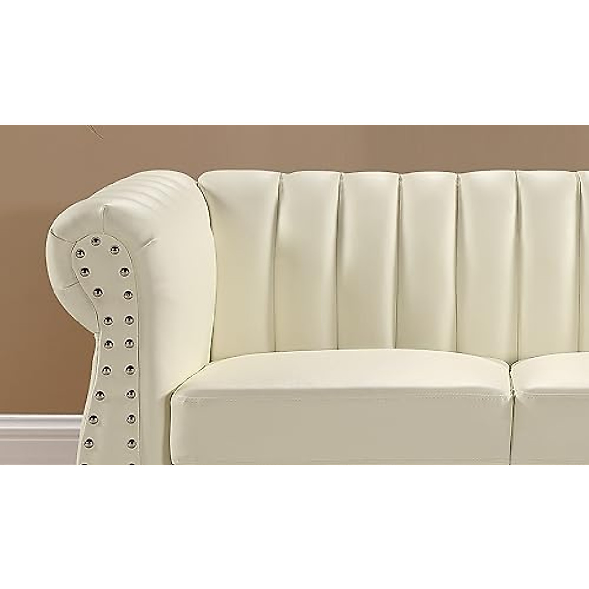 Container Furniture Direct Chesterfield-Inspired 77" Faux Leather Sofa with Elegant Design, Gourd Legs, and Sustainable Pleather Upholstery, 3 Seater Couch for Living Rooms and Offices, Cream White
