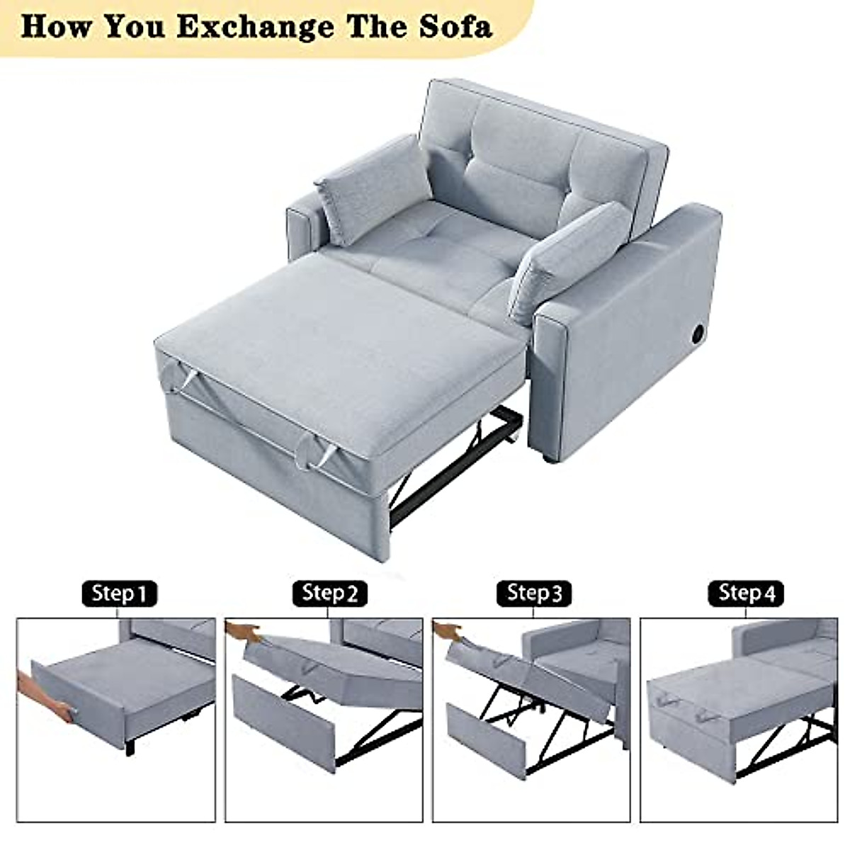 RUNNA Minimalist 48" Convertible Sleeper Sofa Bed with Adjustable Bed Chair,USB Charging Port and 2 Pillows,for Small Space Apartment Office Living Room (Grey@USB Port)